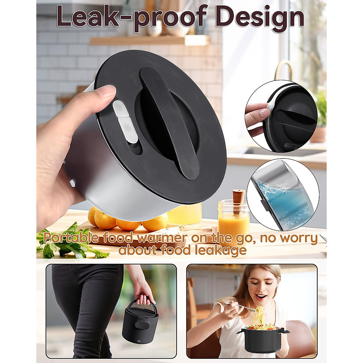 CDBEEE Electric Lunch Box for Adults,100W Heated Lunch Box 12/24/110V Lunch Warmer Leakproof,33Oz Portable Food Warmer for Work,Travel, home,Office,On-the-Go,Lonchera Eléctrica Portátil (Black)