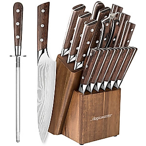 21 Packs Knife Set with Block, 2023 Kitchen Knife Set Sharpener Rod & Finger Guard, Germany High Carbon Stainless Steel Chef Knife Block Set, Ultra Sharp Forged, Brown