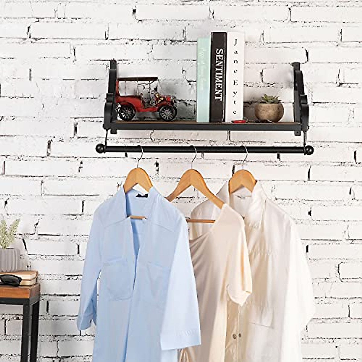 MyGift Wall Mounted Burnt Wood Floating Shelf with Metal Clothes Rod and Metal Framed Decorative Scrollwork Design