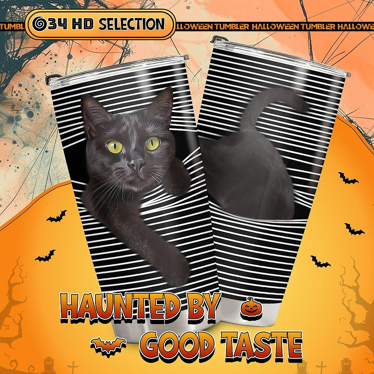 34HD Black Cat Tumbler with Lid, 20 oz Stainless Steel Vacuum Insulated Hide and Seek Mug Kitty, Funny Cat Gifts for Men Women Mothers Day Birthday Christmas