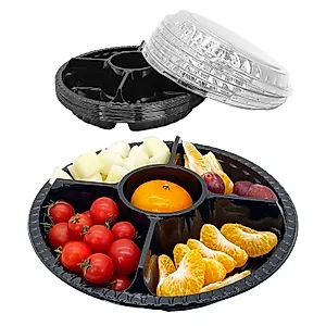 Apatal 12Pcs Disposable Fruit Trays, Round Plastic Appetizer Serving Tray with Lid 5 Compartment Party Platters Divided Food Dip Containers for Snack Vegetable Salad Veggie Fruit Organizer-Black