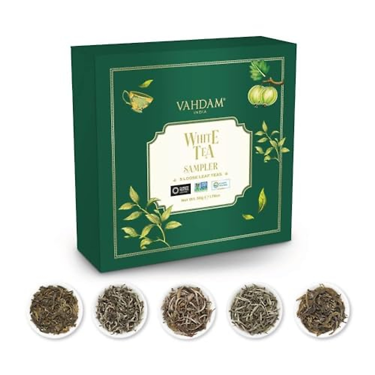 VAHDAM, Assorted White Tea Sampler Gift Set (25 Cups, 1.76oz) Gluten Free, Non GMO - 5 Unblended White Loose Leaf Tea Sampler | Tea Variety Pack | Tea Gift Set, Gifts for Women & Men