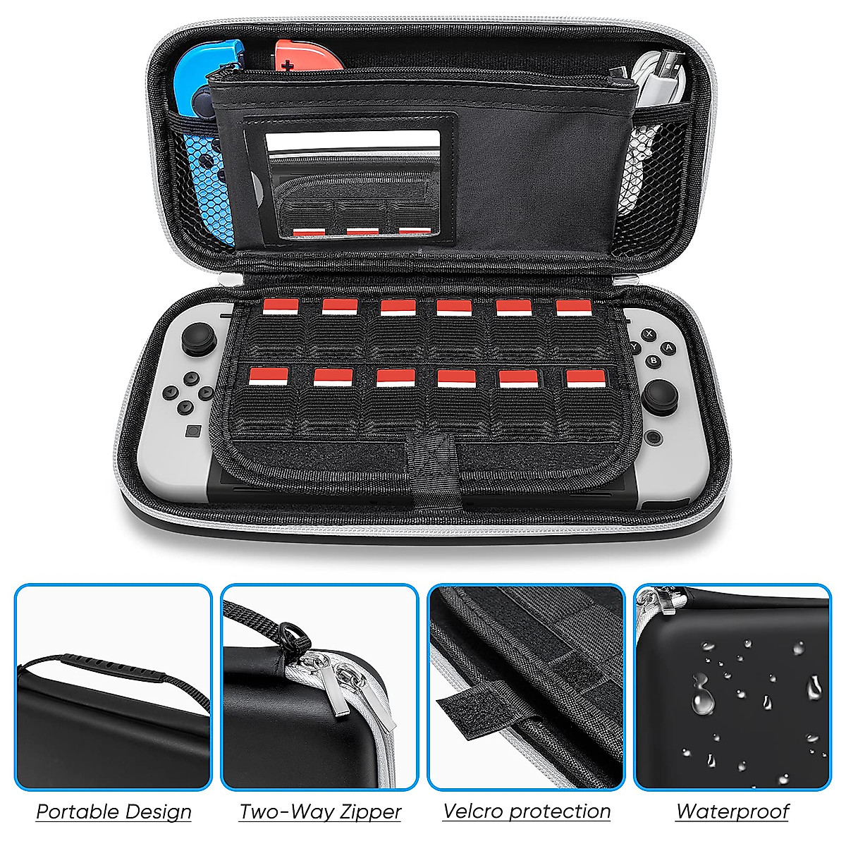 Accessories Bundle for Switch OLED, All in 1 Accessories Kits for Switch OLED 2021 Model：Case & Screen Protector, Hand Grips & Racing Wheels for Joy con, Controller Charger Dock, Carrying Case & More