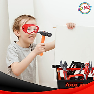 Playkidz Tool Box for Kids 22-Piece Boys & Girls Construction Toy Playset w/Carry Chest, Working Push Button Power Drill, Hammer, Screwdriver, Wrench, Pliers, Saw & Other Realistic Tools Ages 3+