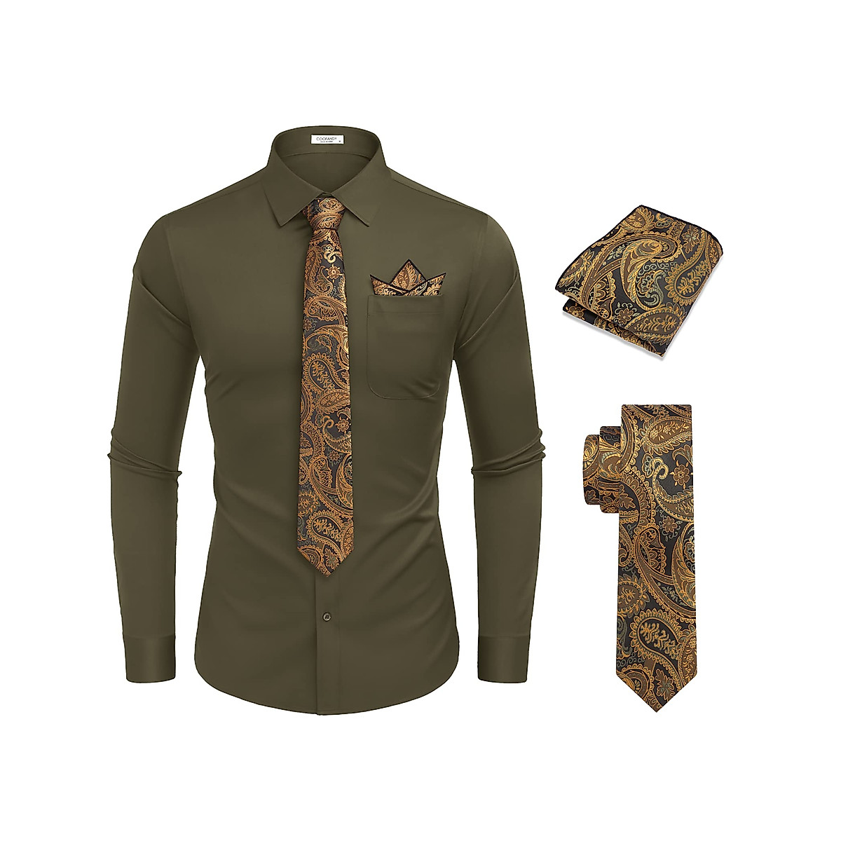 COOFANDY Men's Dress Shirt Wrinkle Free Dress Shirts with Matching Tie Army Green