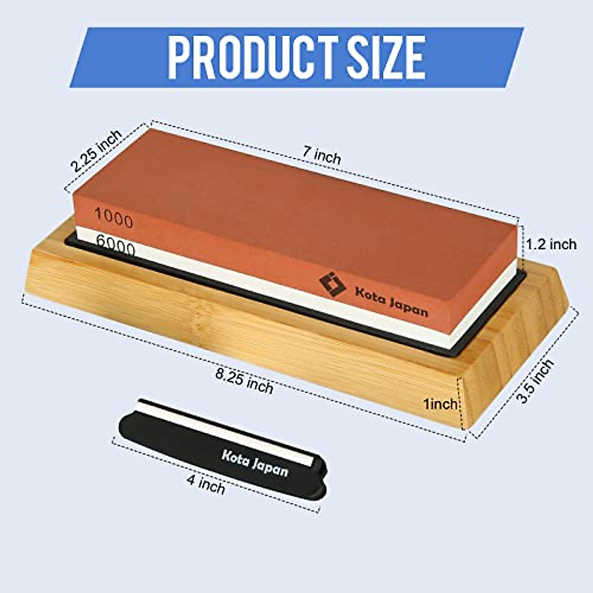 Kota Japan 1000-grit Coarse Side and 6000-grit Polishing Side Knife Sharpening Whetstone with Bamboo Base and Blade Guide