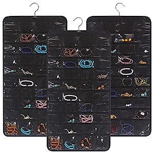 3 Pack Hanging Jewelry Organizer with 80 Pockets Jewelry Storage for Earrings Necklace Bracelet Ring Accessory, Black