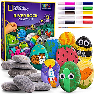 NATIONAL GEOGRAPHIC Rock Painting Kit - Arts and Crafts Kit for Kids, Paint & Decorate 15 River Rocks with 10 Paint Colors & More Art Supplies, Outdoor Toys for Girls and Boys (Amazon Exclusive)