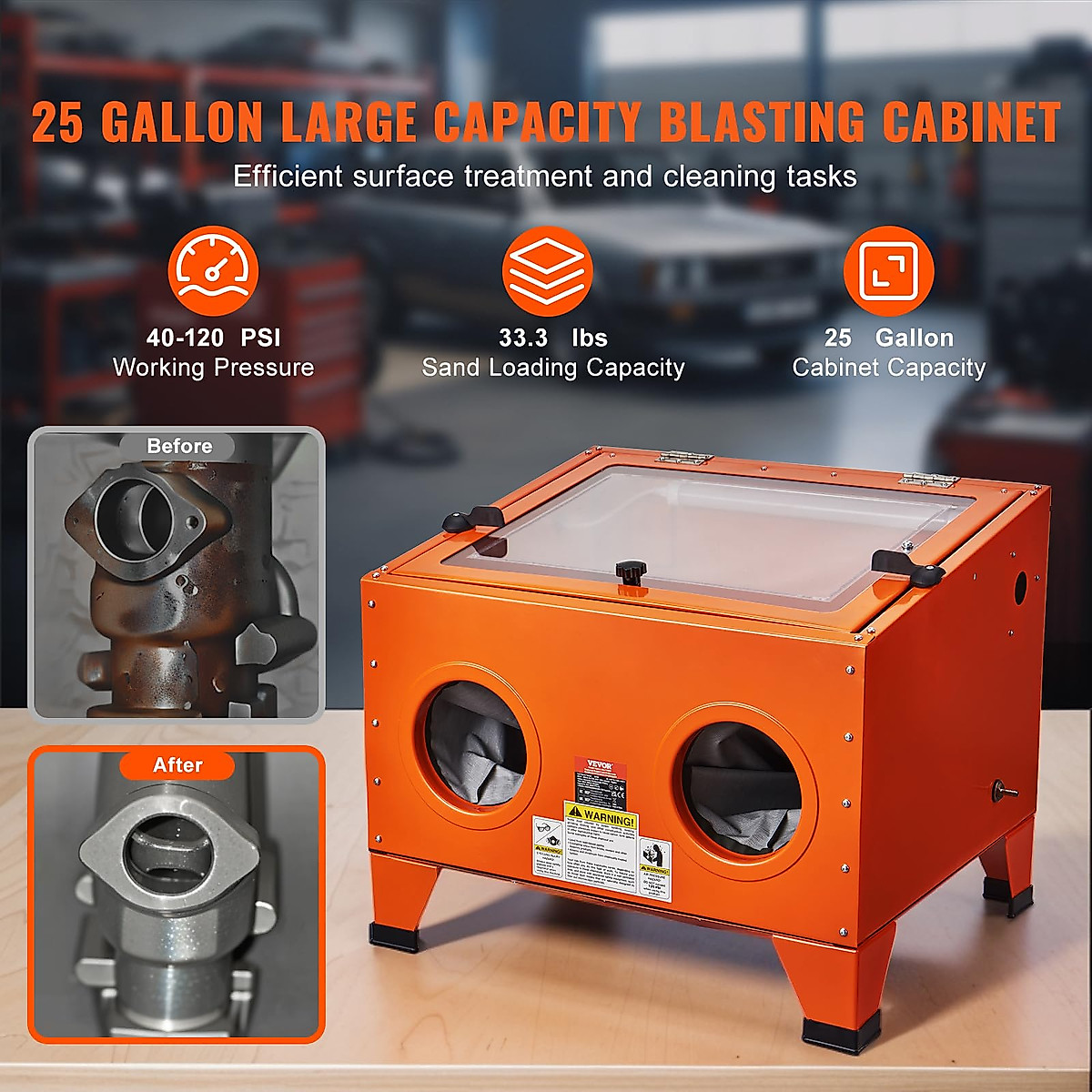 VEVOR 25 Gallon Sandblasting Cabinet, 40-120PSI Portable Benchtop Sand Blasting Cabinet, Heavy Duty Steel Sand Blaster with Blasting Gun & 4 Ceramic Nozzles for Paint, Stain, Rust Removal