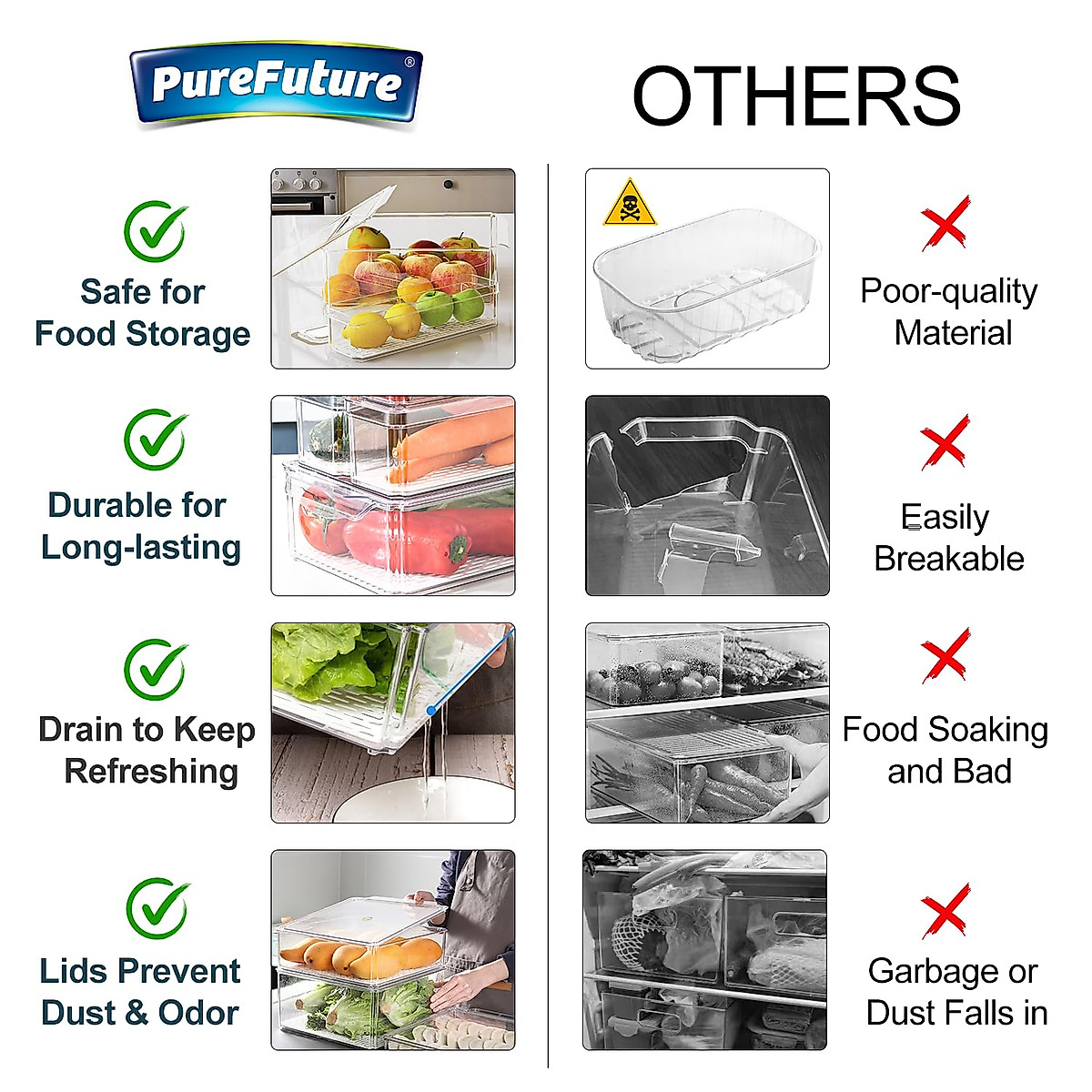 Pure Future Set of 10 Refrigerator Organizer Bins Stackable with Lids, Fridge Organizers and Storage Clear, BPA-Free, Fridge Storage Containers for Fruits & Vegetables