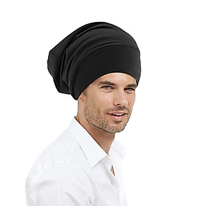 Satin Bonnet for Men 2 Pack Soft and Elastic Black Hair Cap，Satin Lined Beanie, Large Breathable Silky Hair Bonnet for Sleeping Cap，Suitable for Chemo Headwear for Women - Black and Grey