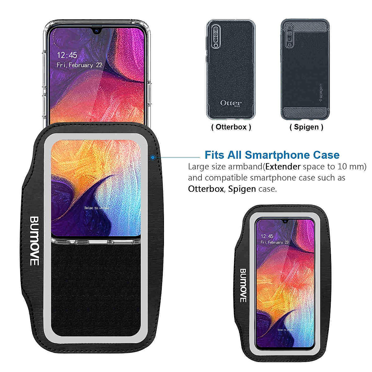 Galaxy A54, A14, A13, A12 Armband, BUMOVE Gym Running Workouts Sports Phone Arm Band for Samsung Galaxy A53 A32 A14 A13 A12 A03s with Card Holder (Black)