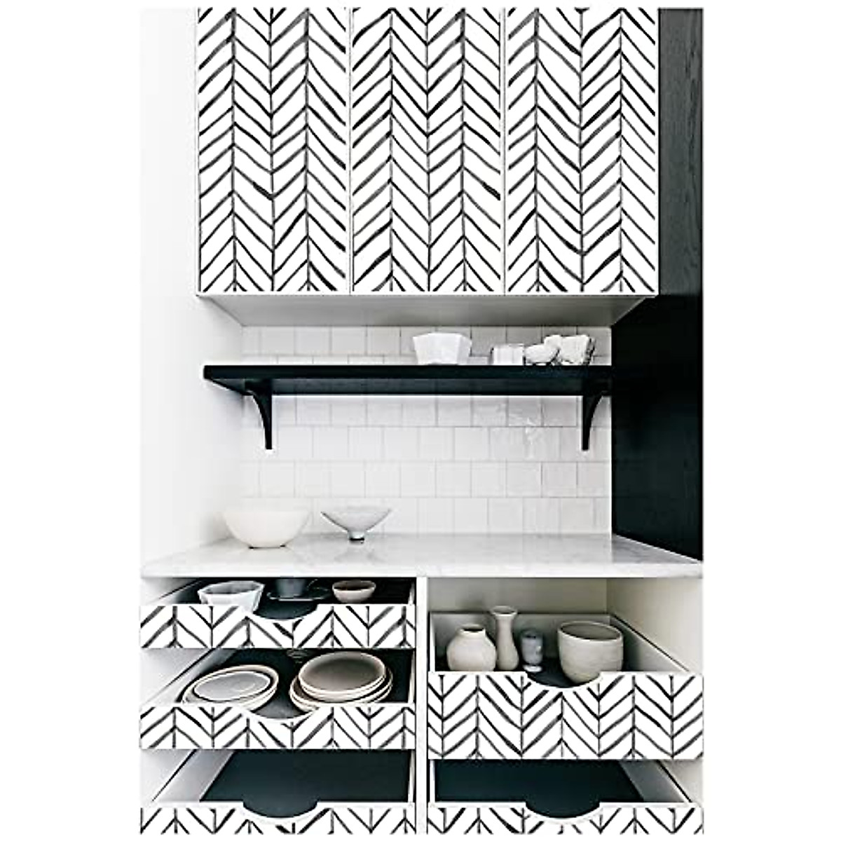 HAOKHOME 96020-1 Boho Stripe Peel and Stick Wallpaper Herringbone Black White Vinyl Self Adhesive Room Decor Contact Paper 17.7in x 9.8ft