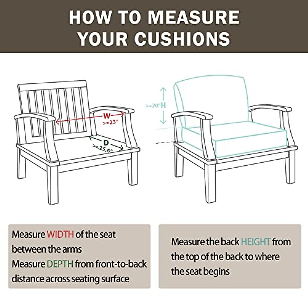 Aoodor 23” x 25.6” Patio Furniture Outdoor Deep Seat Single Chair Sofa Cushion Back Olefin Fabric Slipcover Sponge Foam - Green Color Set of 2 (2 Back 2 Seater 2 Pillow)