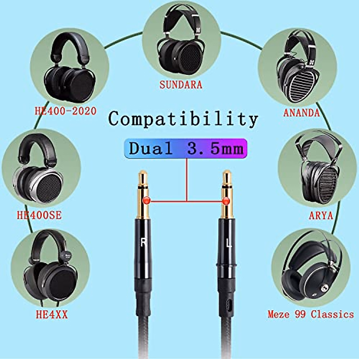 FAAEAL HE400SE Audio Cable,Replacement for Hifiman HE4XX, HE400i(New Edition),HE1000,Meze 99 Classics,Denon AH-D9200 D7200 Headphones, Dual 3.5mm(1/8”) Aux Cord Extension Wire(3.5mm)