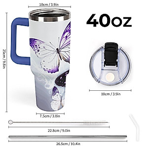 40 Oz Vacuum Tumbler with Deep Blue Handle Leakproof Insulated Tumbler White Purple Butterflies Stainless Steel Travel Mug with Lid And Straw Coffee Cup Cute Water Bottles Cup Holder Friendly