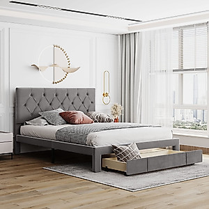 FEELHOME Queen Size Storage Bed with Drawer, Velvet Upholstered Platform Bed Frame with A Big Drawer and Headboard, Wooden Slat Support, Bedroom Furniture, Grey