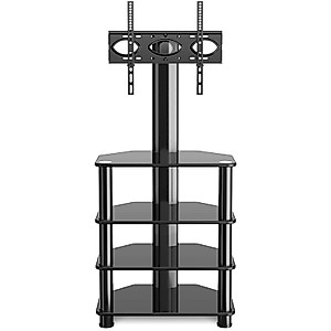 Rfiver Swivel TV Stand with Mount for 32"-70" Flat Screen, Slim Corner Entertainment Floor TV Mount with 4-Tier Tempered Glass Media Shelves, Height Adjustable and Cable Management