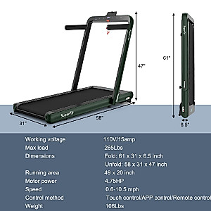 GYMAX Under Desk Folding Treadmill, 4.75HP 2 in 1 Running Walking Machine with Heart Rate Control, APP Control, LED Touch Screen and Remote, Luxury Treadmill for Home/Gym (Green)