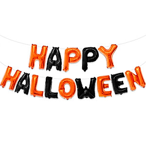 KatchOn, Happy Halloween Balloons Banner - 16 Inch, Pack of 14 | Happy Halloween Banner for Halloween Decorations Indoor | Orange and Black Happy Halloween Foil Balloons, Halloween Party Decorations