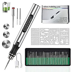 KugobarNe USB Rechargeable Engraving Pen with 35 Bits, Mini Engraver Pen for All Materials, Professional Engraver Tool, Portable DIY Electric Engraving Pen for Jewelry Glass Wood Stone Metal(Silver)