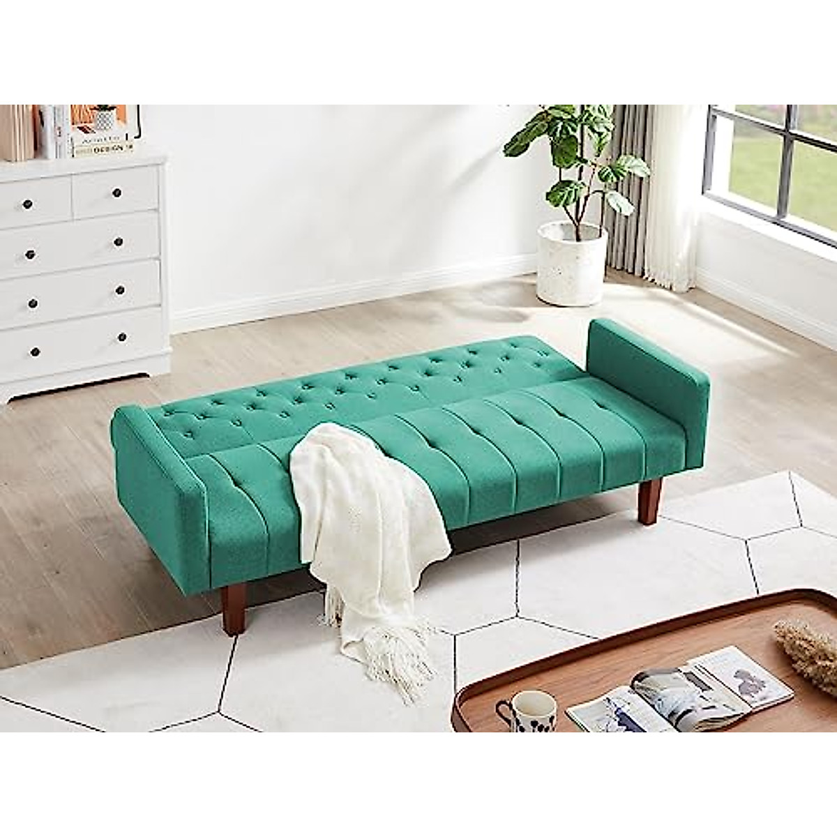 Fiveshow Modern Linen Cushion Convertible Double Folding Living Room Sofa Bed (Eucalyptus Wood Frame)，Apartment Living Room Sofa