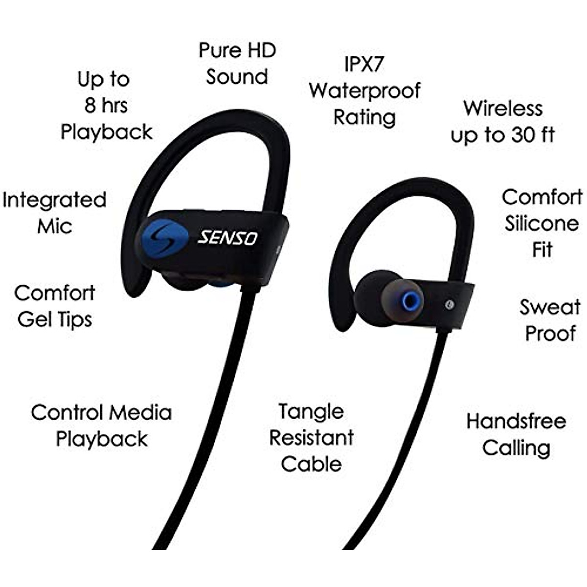 Senso Bluetooth Headphones, Best Wireless Sports Earphones w/Mic IPX7 Waterproof HD Stereo Sweatproof Earbuds for Gym Running Workout 8 Hour Battery Noise Cancelling Headsets (Grey)