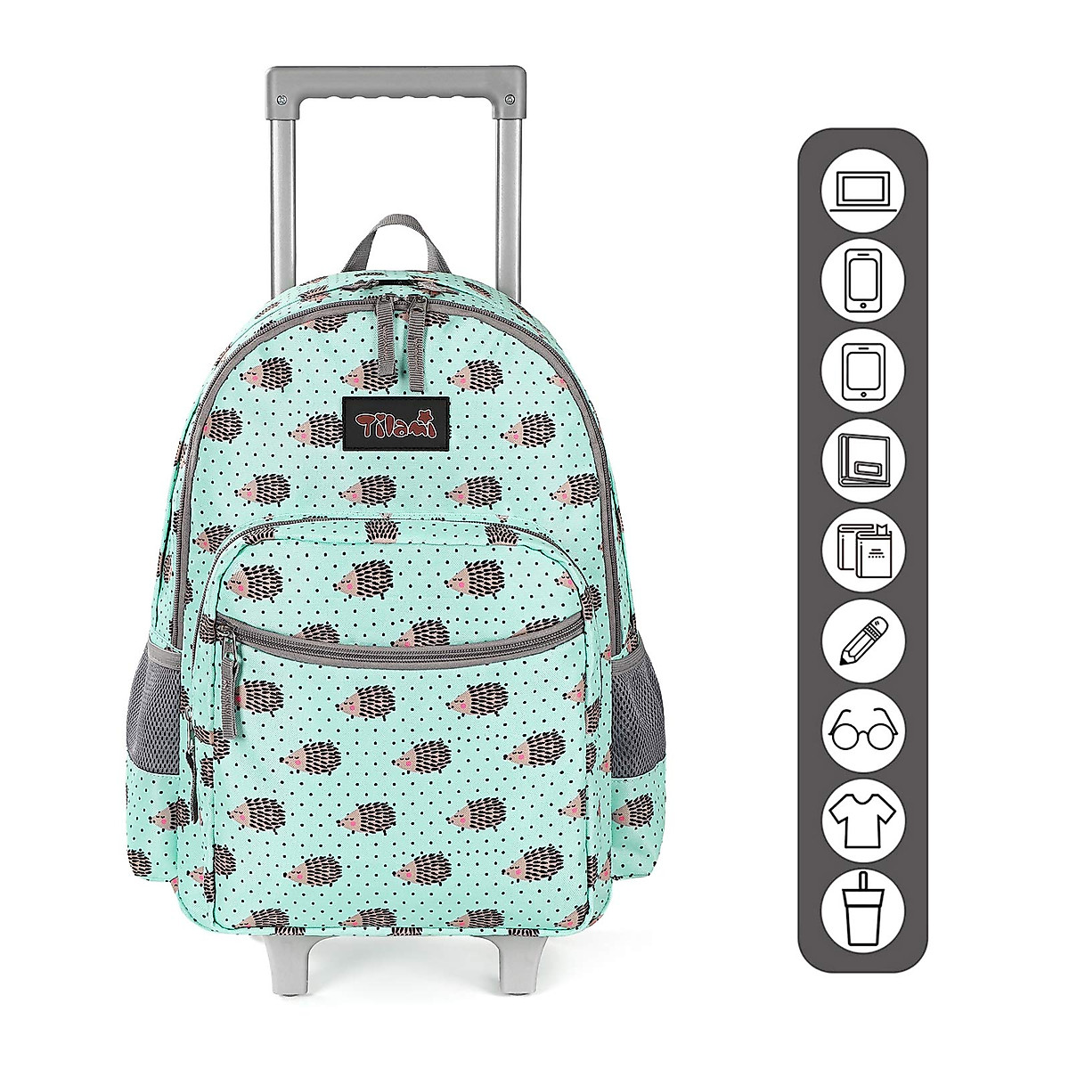 Tilami Rolling Backpack 18 inch Double Handle with Lunch Bag Wheeled Kids Backpack for Girls and Boys, Hedgehog Green