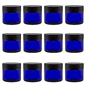 Cornucopia 2oz Cobalt Blue Glass Cosmetic Jars (12-Pack); Straight Sided Jars w/Black Plastic Lined Lids for Balms, Cosmetics, Creams & More