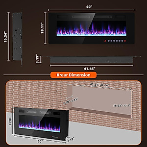 BREEZEHEAT 50 inch Electric Fireplace Wall Mounted/Freestanding-Ultra Thin Fireplace Inserts for Living Room with Heater, Remote Control, Touch Screen, Led Flame, 8H Timer, 750w/1500w