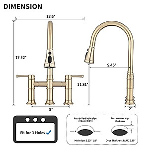 Dornberg Bridge Kitchen Faucet with Pull Down Sprayer, 3 Hole Kitchen Sink Faucet Spot Free Stainless Steel, 2 Handle for Easy Controlled Cold and Hot Water - Brushed Golden