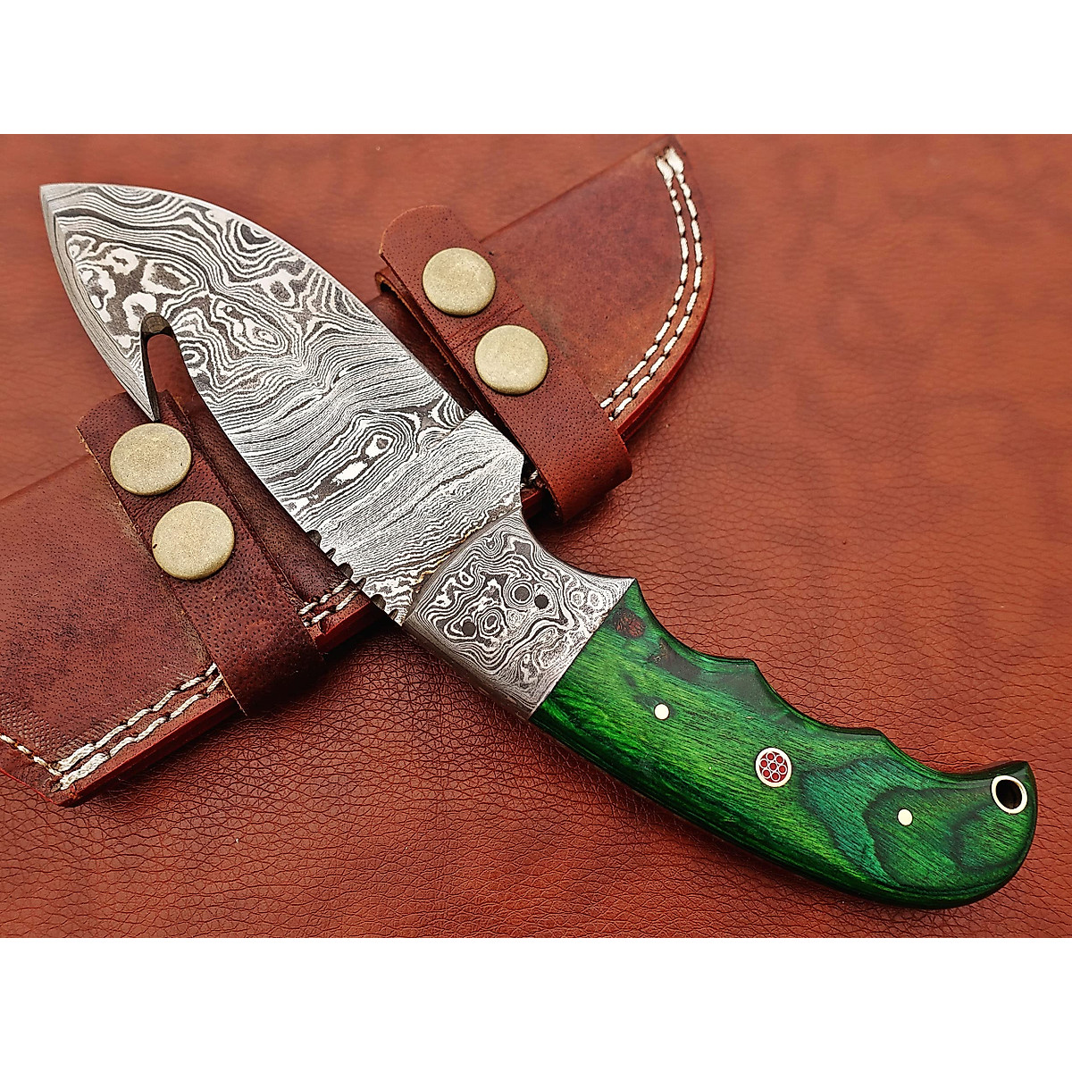 9.5" Hand Forged Damascus Steel Gut Hook Skinning Knife, Green Wood Scale with Damascus Bolster, Full Tang Blade Twist Pattern Drop Point Blade, Cow Hide Leather Sheath