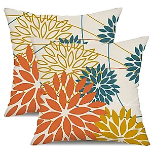 Orange and Yellow Floral Pillow Covers 18x18 Set of 2 Fall Outdoor Waterproof Decorative Throw Pillows Summer Pillowcovers Polyester Cushion Case Decor for Couch Patio Funiture Garden Porch 01Q18