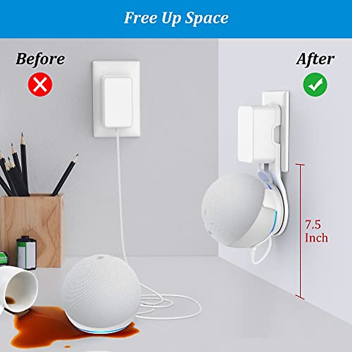 PlusAcc Wall Mount for Echo Dot 5th Generation - Outlet Alexa Echo Dot 5 Wall Holder Stand Hanger, No Drilling Required, Space-Saving Echo Dot 5th Gen Accessories Built-in Cable Management (White)