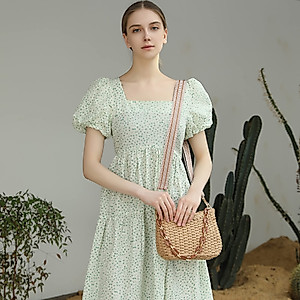 Herald Small Handmade Straw Crossbody Bag for Women, Summer Chic Woven Handbag Shoulder Purse with Chain & Guitar Strap (Coffee)