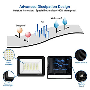 LHOTSE 2 Pack 50W LED Flood Light Outdoor，7000 Lumens LED Work Light with Plug,IP65 Waterproof Outdoor Floodlights, 6500K Daylight White Super Bright Security Light for Yard Garden Patio Playground