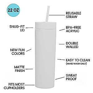 Skinny Tumblers with Lids and Straws Bulk.Matte White Slim Tumbler Cups with Straws.22 oz Plastic Pastel Double Walled Acrylic Skinny Tumbler Set for Smoothie Ice Coffee.Customizable DIY Gift.