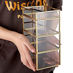 Hipiwe 4-Tiered Gold Glass Jewelry Box Stackable Trinket Organizer Decorative Glass Box Q-tip Holder Cotton Ball and Swab Storage Holder for Bathroom Dresser Office Countertop