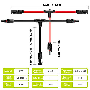 JXMXRPV Solar Connector T/Y Branch Parallel Adapter Cable, 1 Pair 10AWG Tool-Free 1 to 2 Solar Panel Connectors Cable Plug Wire Kit for Solar Panel (1*M/FF+1*F/MM)