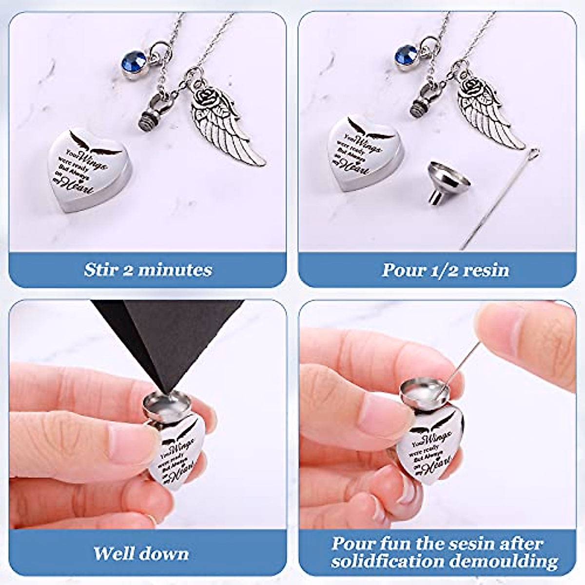 Jadive 3 Pcs Summer Cremation Heart Urn Necklace Ashes Jewelry for Women Ocean Crystal Necklace Waterproof Memorial Pendant Stainless Steel Keepsake with Angel Wing 12 Birthstones Filling Kit