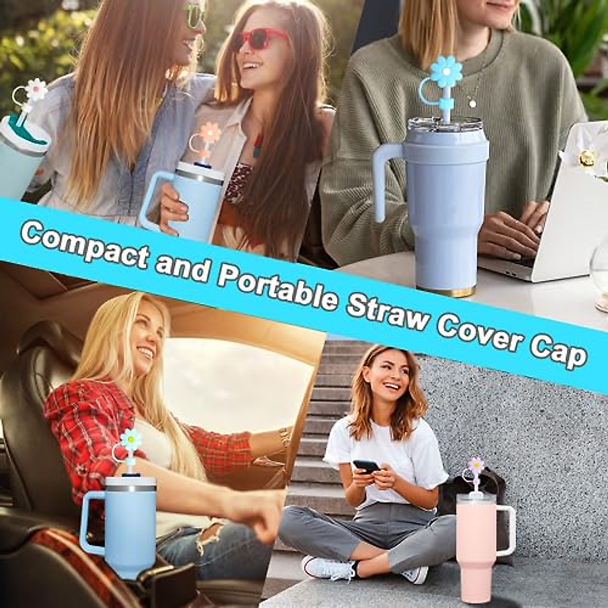 EXQUILEG Straw Covers Cap Fit for Stanley Cup, 8Pcs Silicone Flower Straw Toppers Compatible for Stanley 30&40 Oz Tumbler, 10mm Drinking Straw Tip Covers Fit for Stanley Cups Accessories