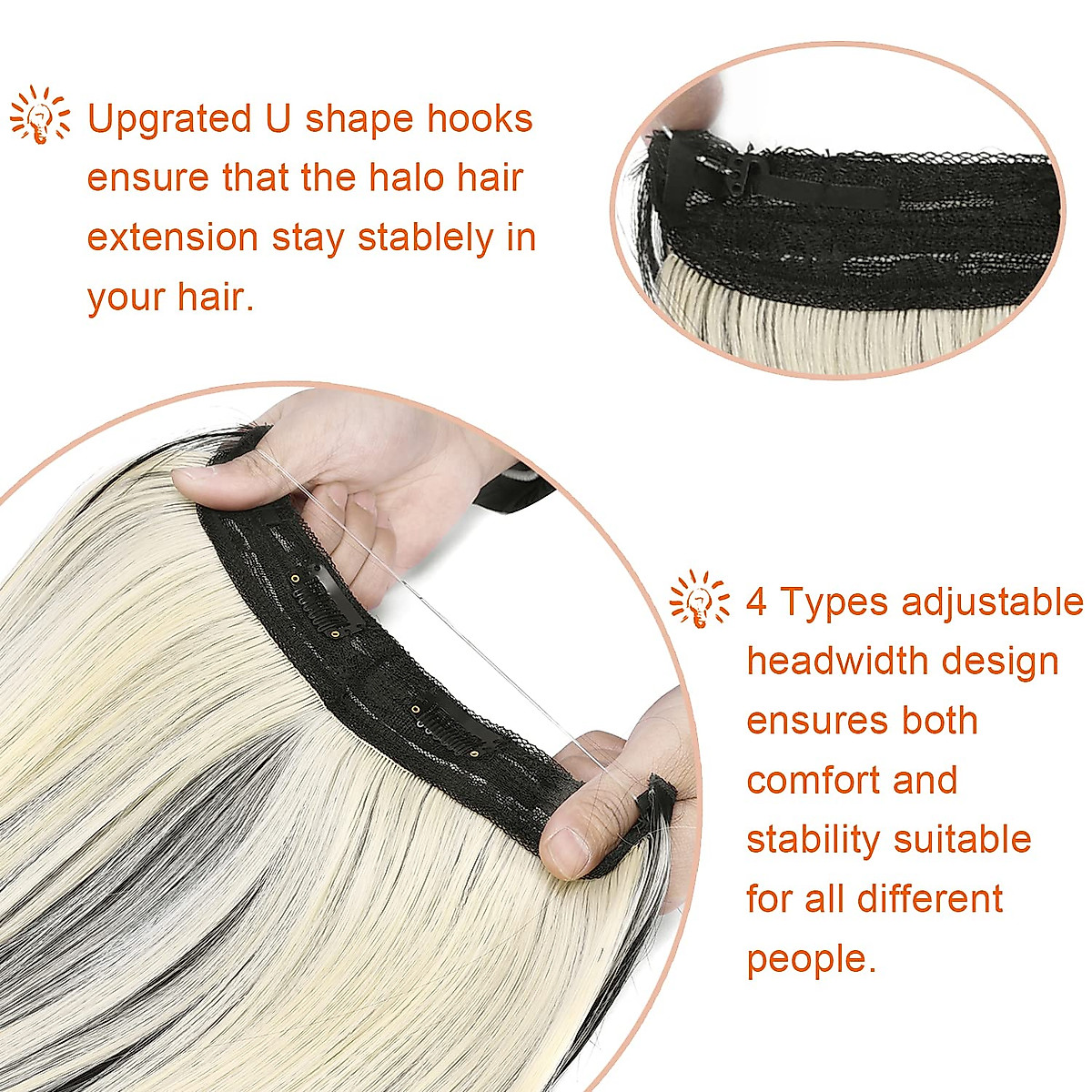 Halo Hair Extensions - Thick Invisible Wire, 20" Straight Long Hairpiece, Adjustable Headband, No Tangle/Shedding, Includes 2 Removable Clips(Straight, 4/88#)