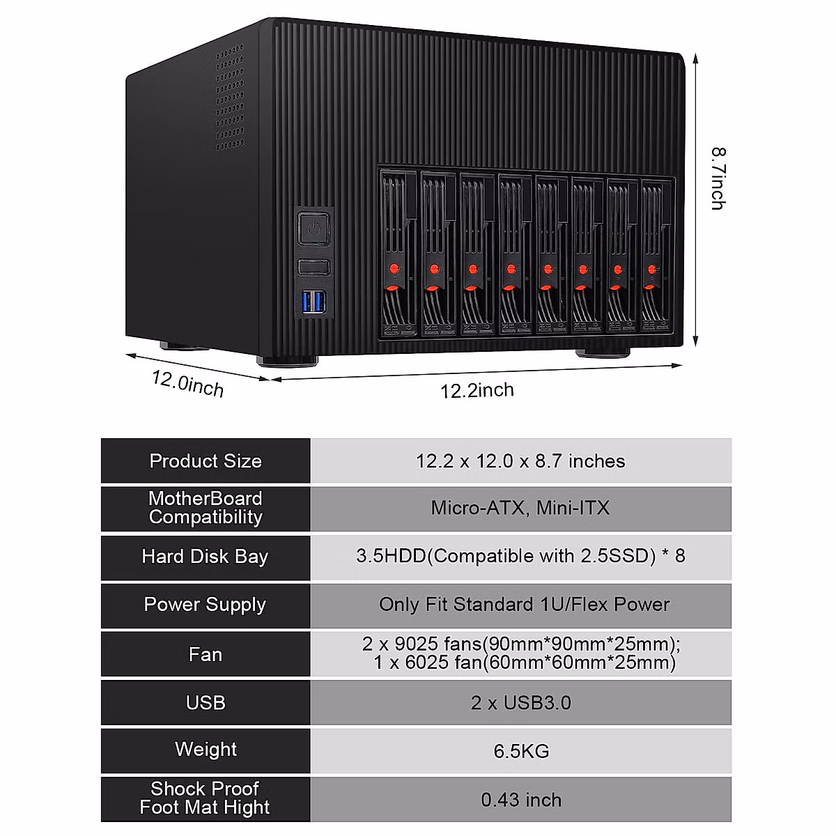 AUDHEID K7 8 Bay NAS Case, Computer Enclosures Compatible Micro-ATX Mini-ITX Motherboard, 3 x Fans, 8 x 2.5/3.5" Tray, Network Attached Storage Server for Home(Diskless)