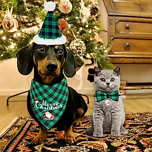 Comtraker Christmas Dog Bandana Hat Bow Tie Set Christmas Green Buffalo Plaid Pet Triangle Scarf Adjustable Bowtie Dog Outfit Decoration Small Medium Large Dog Cat Pet