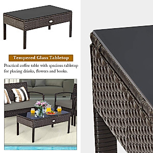 Toolsempire Outdoor Conversation Set 4 Pieces Patio Furniture, Wicker Patio Chair Sofa Set with Water-Resistant Dark-Brown Cushion & Tempered Glass Table for Backyard, Balcony, Porch(Brown)