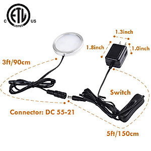 Lvyinyin Single LED Puck Light for Under Obove Cabinet Counter Bar Shelf Back Lighting, 120V Electric Direct Wall Plug in, Handy On Off Switch, Black Cables, 2 Packs, Warm White