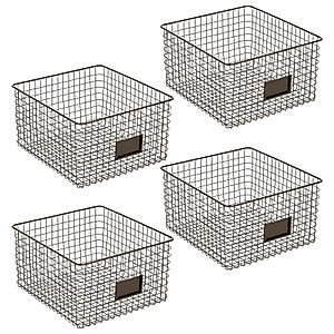 mDesign Wide Metal Farmhouse Storage Organizer Bin Baskets with Label Slot for Closet, Cabinet, Cupboard - Wire Organizing Basket Holds Clothing, Linens, Shoes, Omaha Collection, 4 Pack, Bronze
