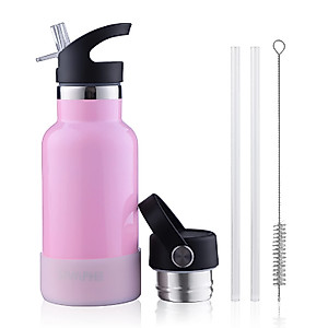 Kids Water Bottle with Straw Lids 12OZ Stainless Steel Small Drinking Bottle for School Little Girls Pink