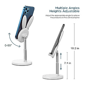 OATSBASF Cute Cell Phone Stand, Adjustable Bunny Phone Stand for Desk, Thick Case Friendly Holder Compatible with iPhone, Kindle, iPad, Switch, All Phones (White)