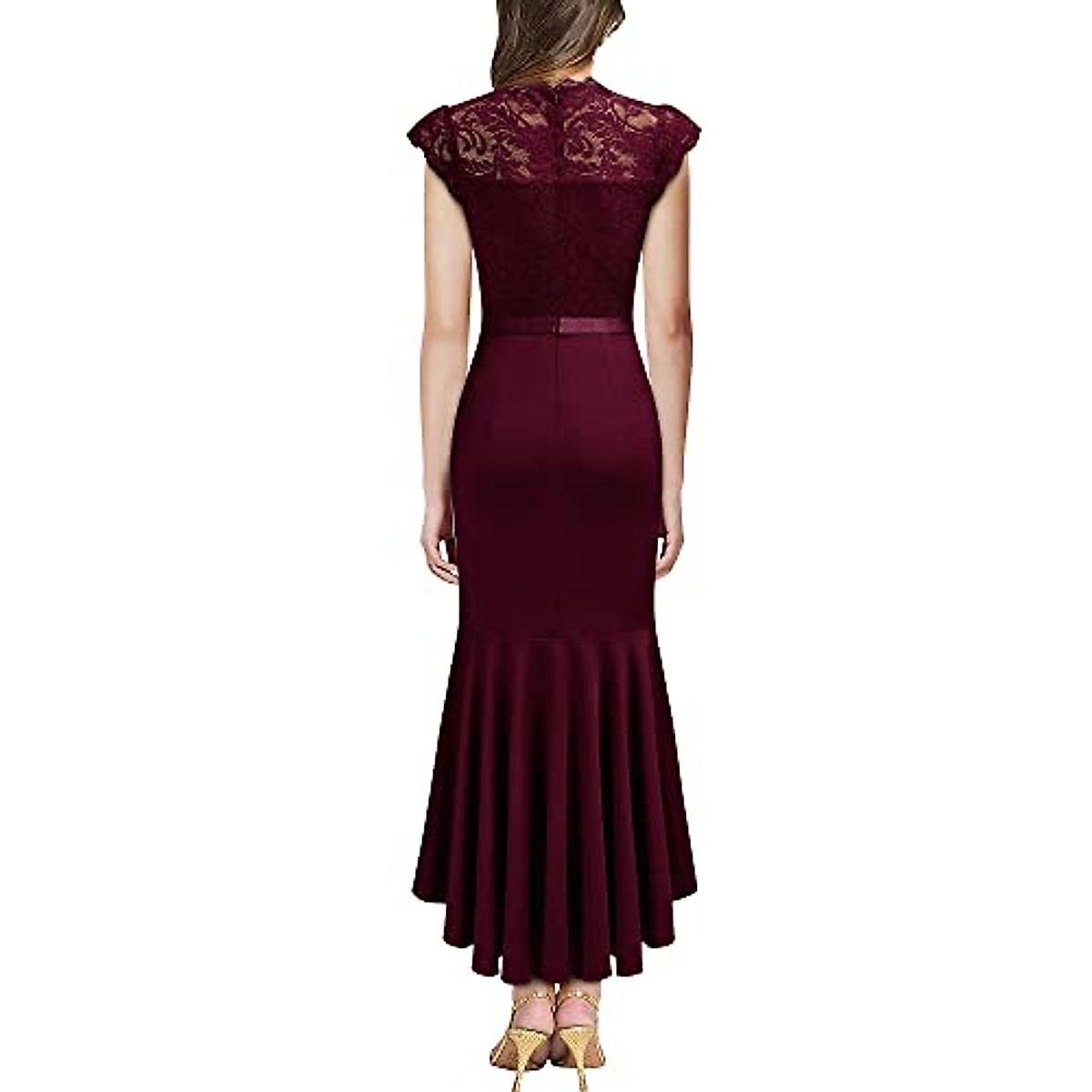 Miusol Women's Retro Floral Lace Ruffle Style Bridesmaid Party Maxi Dress (Medium, Burgundy)